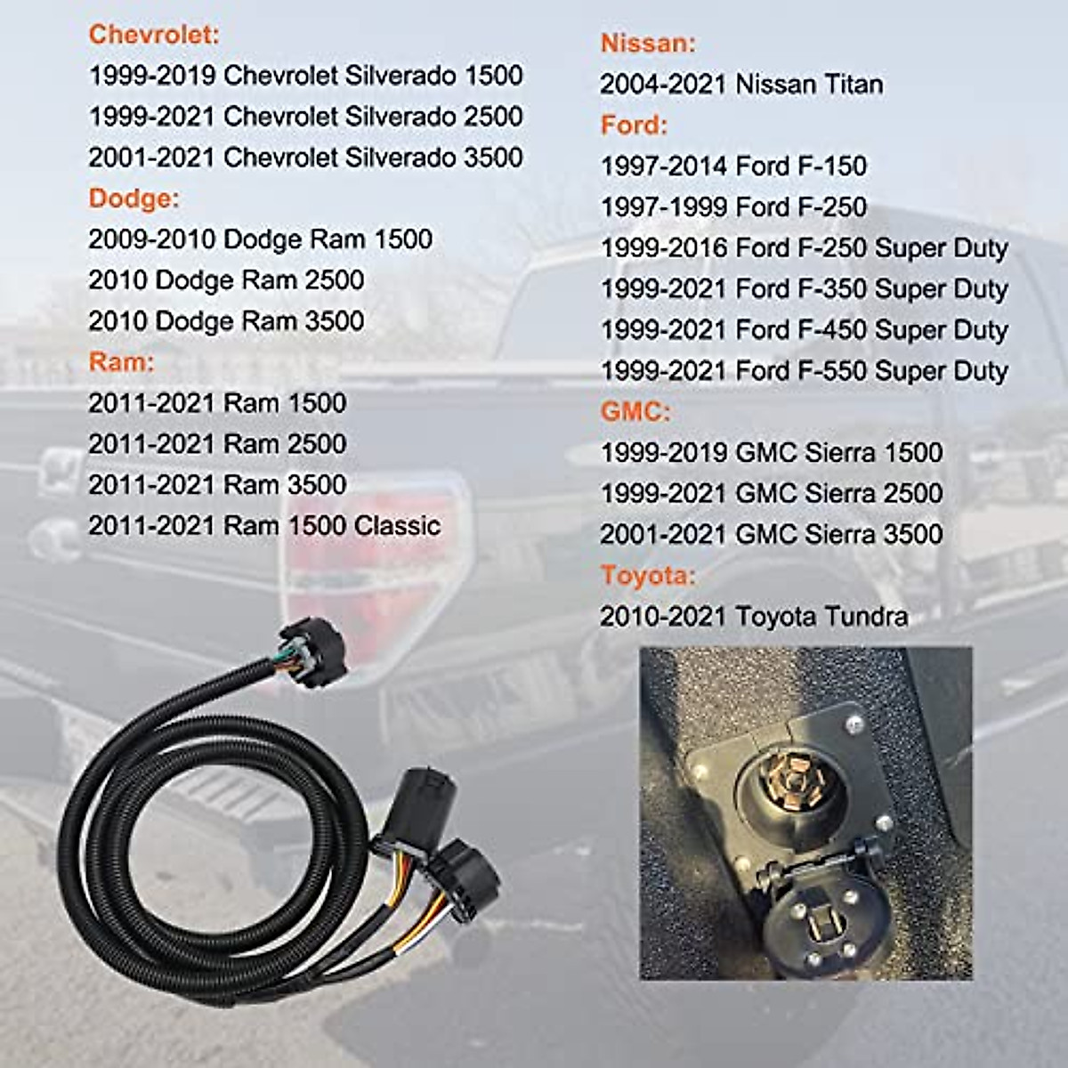 56070 7-Pin 7-Foot Trailer Wiring Harness,Vehicle-Side Truck Bed 5th Wheel & Gooseneck Trailers Extension Compatible with Ford,GMC,Chevrolet,Ram,Dodge,Nissan,Toyota 1997-2021