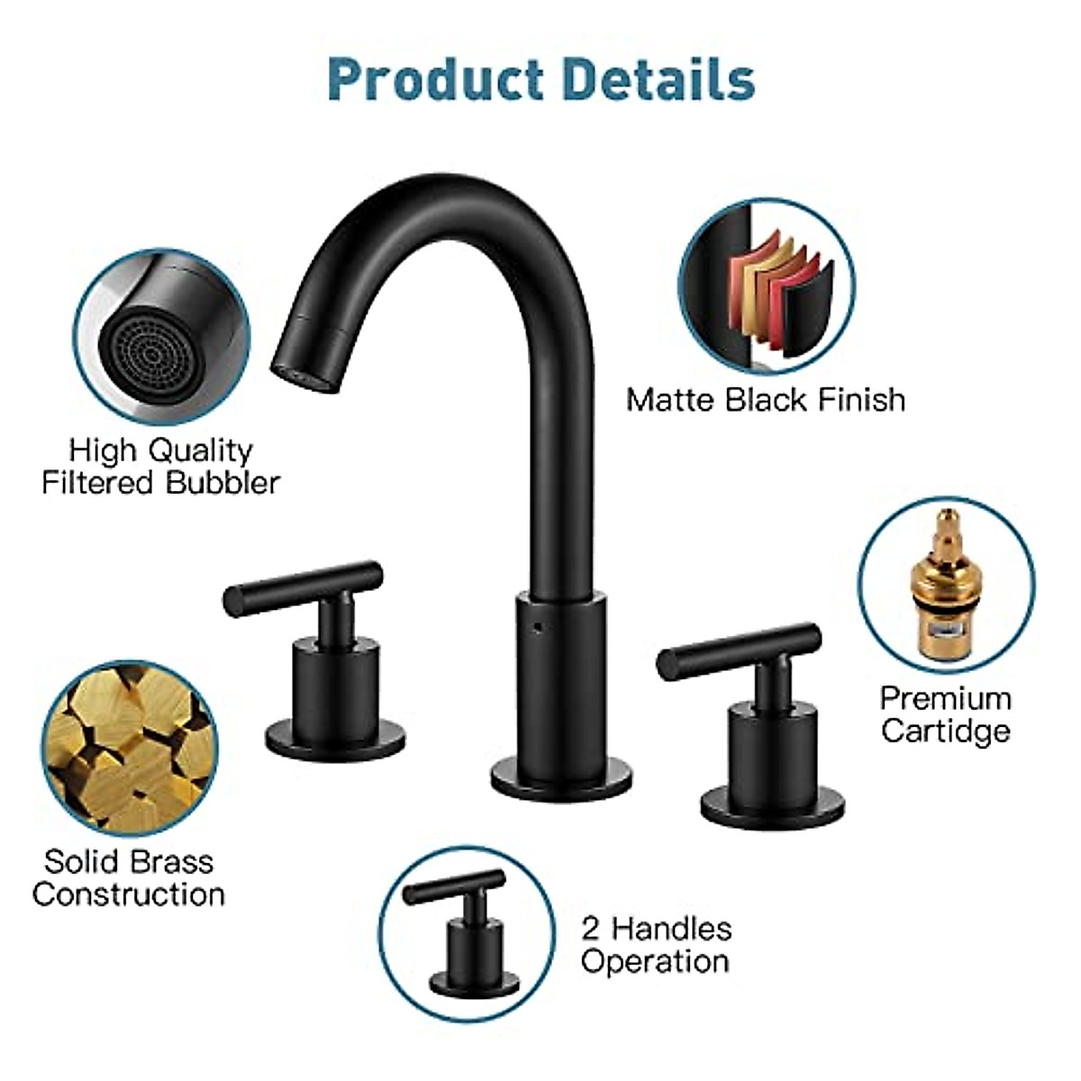 AIMOYO 2-Handle 8 inch Widespread Bathroom Sink Faucet, 3 Hole Matte Black Bathroom Faucet with 360°Swivel Spout, Pop Up Drain and High Arc, Modern Basin Faucet Mixer Taps, Deck Mount