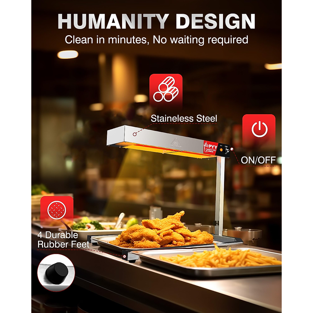 PYY Food Heat Lamp - Adjustable Height Food Warmer with U Shape Base Stand,Commercial Countertop Food Warming Light with Stand for French Fries Electric Heating Radiation,500W Stainless Steel Silver