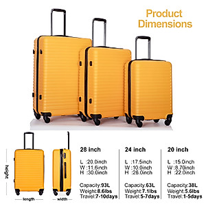 Tripcomp Luggage Sets 3piece Set Hardshell Luggage with Spinner Wheels, TSA Lock, Travel Suitcase Sets, 20 Inch Carry On, 24 Inch Mid-size, 28 Inch Large siutcase(Orange)