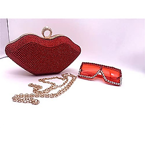 JU+ Women Lip Purses Evening Clutch Rhinestone Lips-Shaped Crossbody Bags Vintage Banquet Handbag(Red)