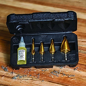 Klein Tools 25950 Step Drill Bit Set, Spiral Double Fluted, Titanium Nitride Coating, 1/4-Inch Impact Shank, Rugged Case, 4-Piece