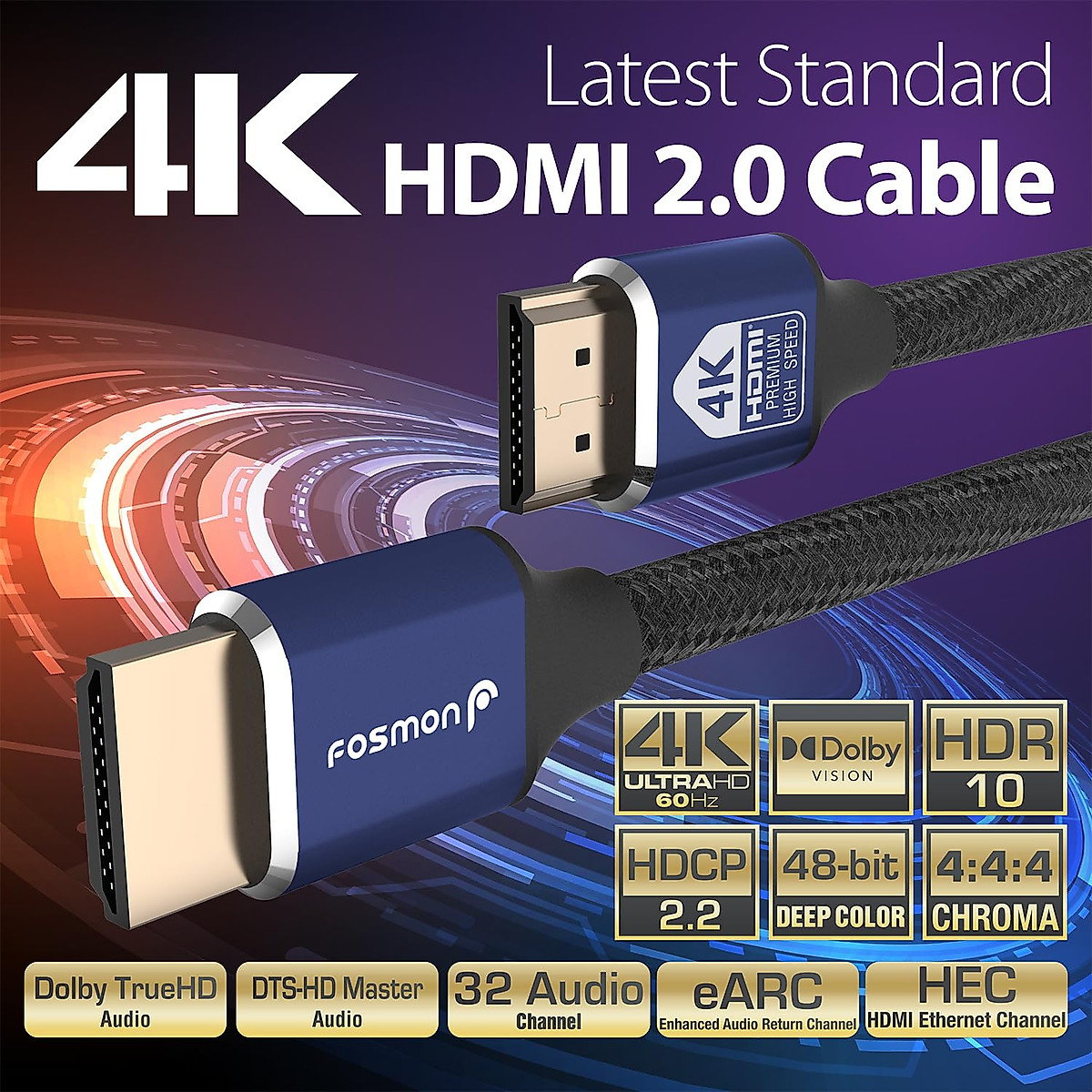Fosmon HDMI 2.0 Cable 4K@60Hz 10ft, Premium Certified in-Wall CL3 Rated, 18Gbps Super High Speed, HDR, HDCP 2.2/1.4, 3D, ARC, 30AWG Cotton Braided Compatible with UHD TV, Monitor, Console