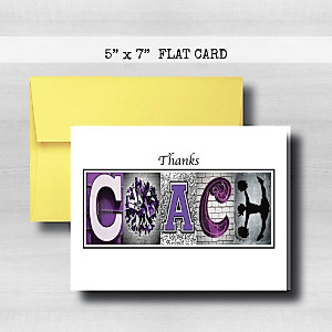 Personalized Cheerleading Purple Coach Thank You Card, 5"x 7" FLAT CARD, Greeting Cards