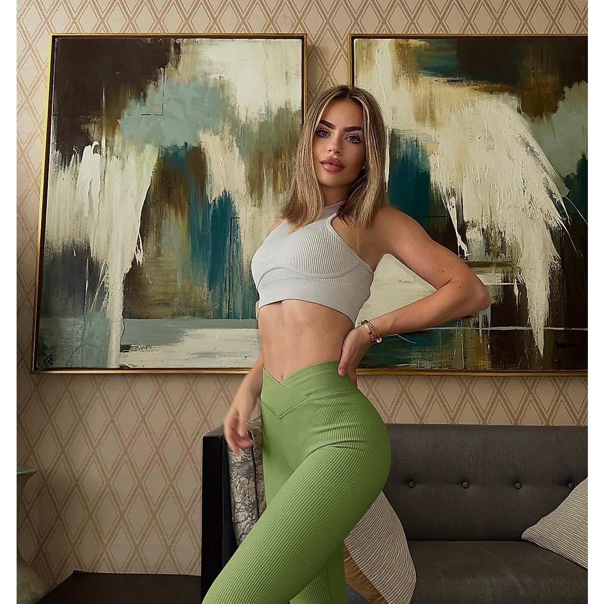 OQQ Women's 2 Piece Yoga Leggings Ribbed Seamless Workout High Waist Cross Over Athletic Exercise Leggings Black Avocado Green