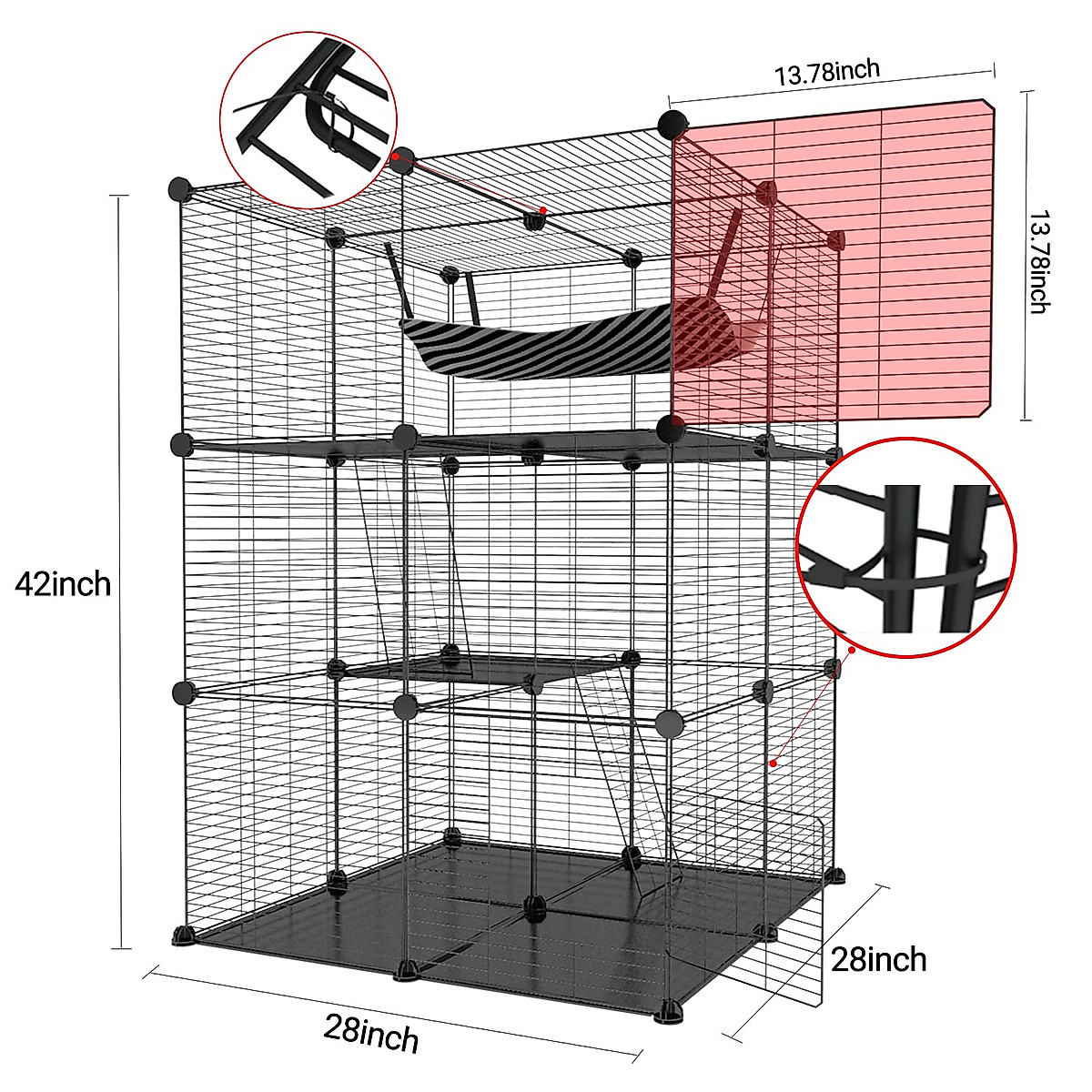 IKARE Cat Cage DIY Indoor Pet Home Small Animal House Detachable Playpen with 3 Doors 3 Tiers for Kitten Puppy Bunny Exercise. (Black，27.6 x 27.6 x 41.3Inch)