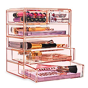 Sorbus Acrylic Clear Makeup Organizer - Big & Spacious Cosmetic Display Case - Stylish Designed Jewelry & Make Up Organizers and Storage for Vanity, Bathroom (4 Large, 2 Small Drawers) [Pink]