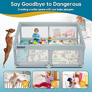 SHIADA Baby Playpen with Mat 71x59 Playpen for Babies and Toddlers,Baby Play Pen,Indoor & Outdoor Activity Center,Kids Playpen with Gate,Safety Baby Fence Play Area with Breathable Mesh(Gray)