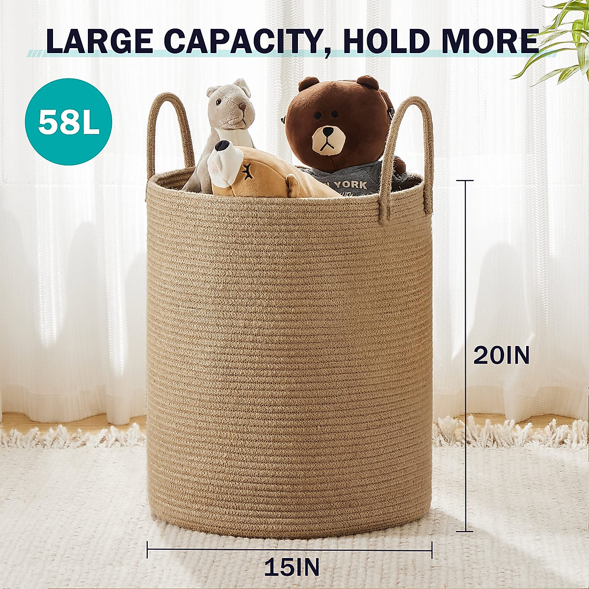 Jute Rope Woven Laundry Hamper Basket by YOUDENOVA, 58L Tall Laundry Basket, Baby Nursery Hamper for Blanket Storage, Clothes Hamper for Laundry in Bedroom-Large-Jute
