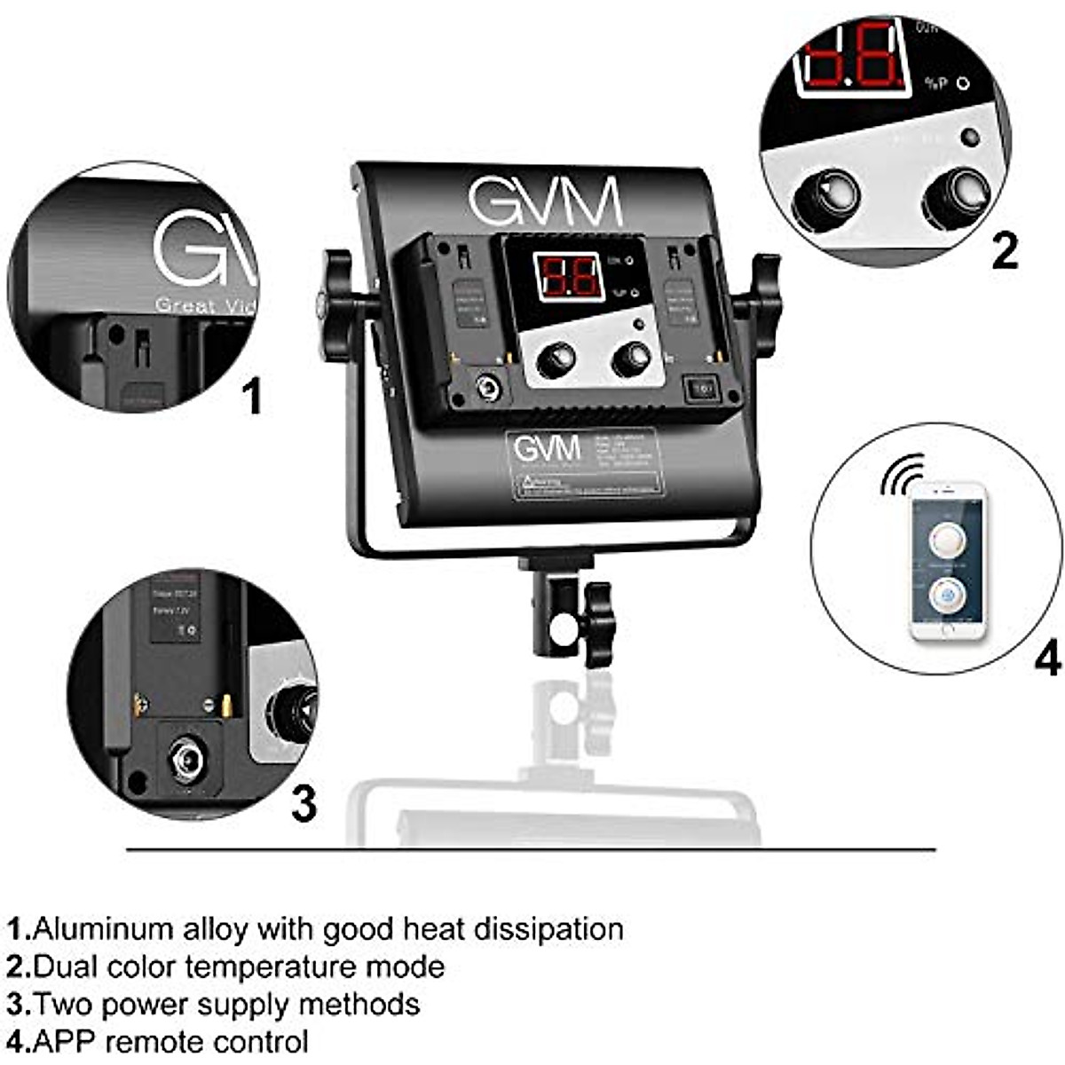 GVM Led Bi-Color Video Lights with APP Function, Variable CCT 2300K-6800K and 10%-100% Brightness with Digital Display for Video Studio Shooting, CRI97+ TLCI97 Led Light Panel +Barndoor