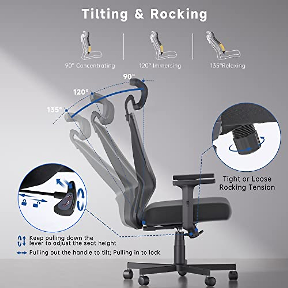 Dripex Ergonomic Office Chair, High Back Desk Chair, Computer Mesh Chair with Lumbar Support, Adjustable Headrest & 2D Armrest, 90°-135°Tilt Function, 360° Swivel Home Office Task Chair, Black