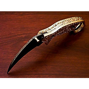 Handmade Damascus Folding Pocket Knife Karambit Knife Hunting Knife Handle Brass Steel Folding with Leather Sheath 1083