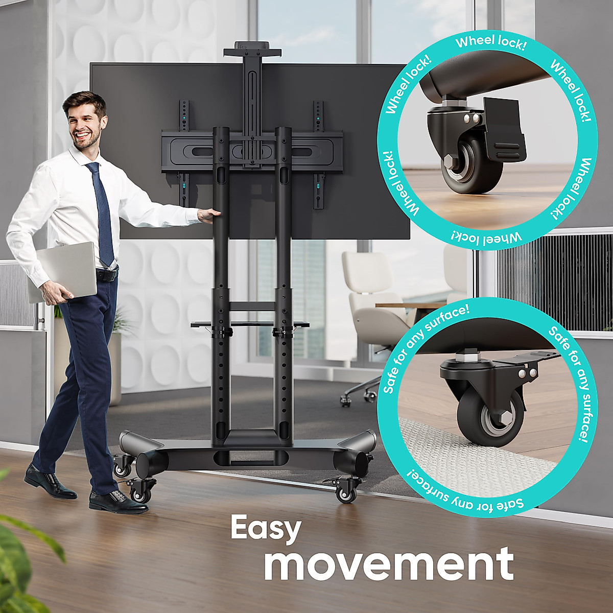 ONKRON Mobile TV Stand with Wheels Rolling TV Stand for 40-70 Inch LED LCD Flat or Curved Screen TVs up to 100 lbs - Height Adjustable TV Cart with Shelves - Portable TV Stand (TS1551) Black