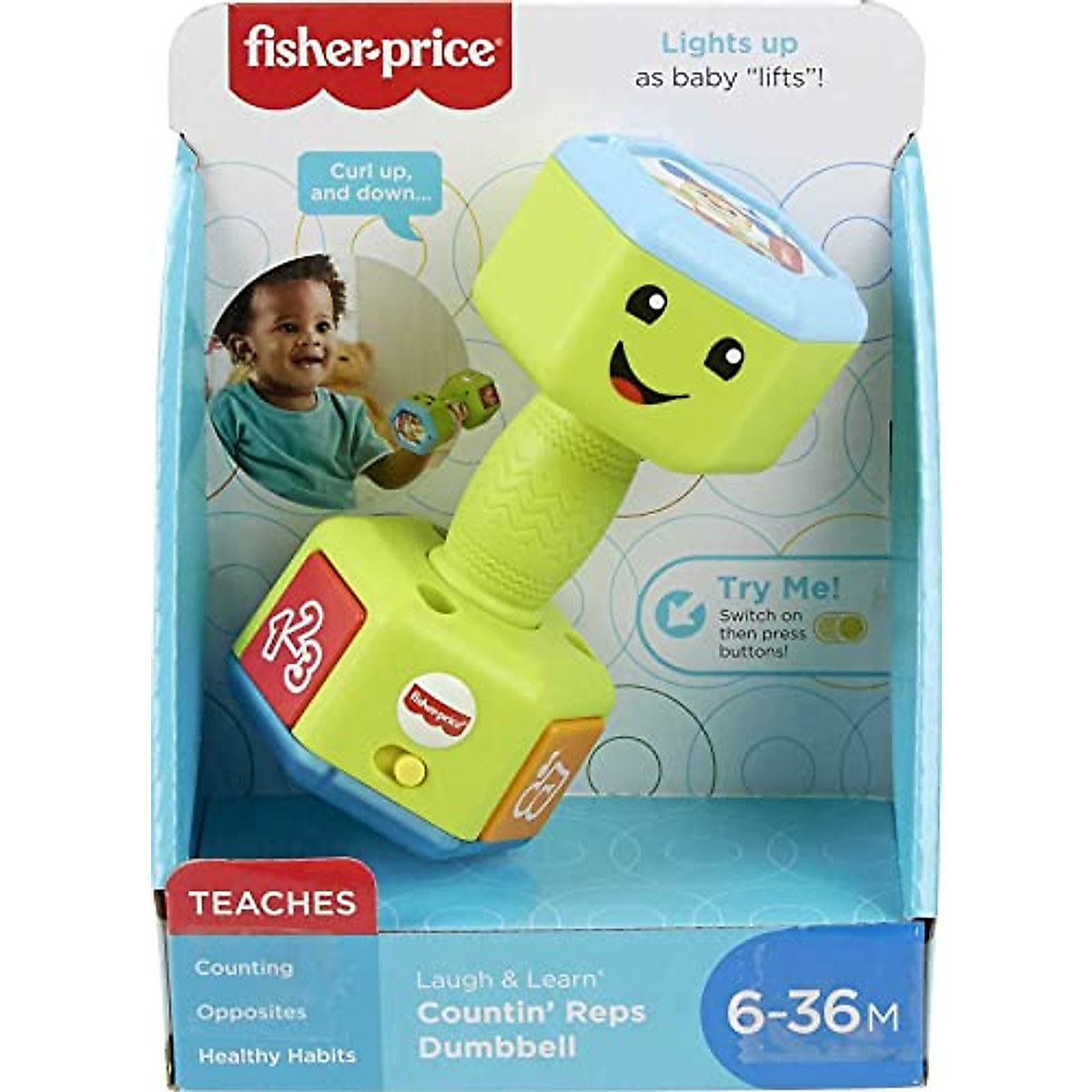 Fisher-Price Laugh & Learn Baby To Toddler Toy Countin’ Reps Dumbbell Rattle With Lights & Music For Ages 6+ Months
