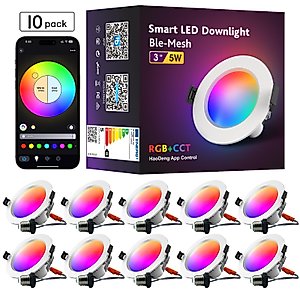 MagicLight Smart Retrofit 3 Inch 5 Watts E26 LED Recessed Down Light, Dimmable, RGBCW Color Changing Bluetooth Smart LED Downlight Trims, 10 Pack