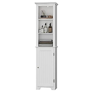 UTEX 64" Freestanding Storage Cabinet, Bathroom Tall Cabinet with Doors and Shelves, Free Standing Linen Tower, Home Storage Furniture,White