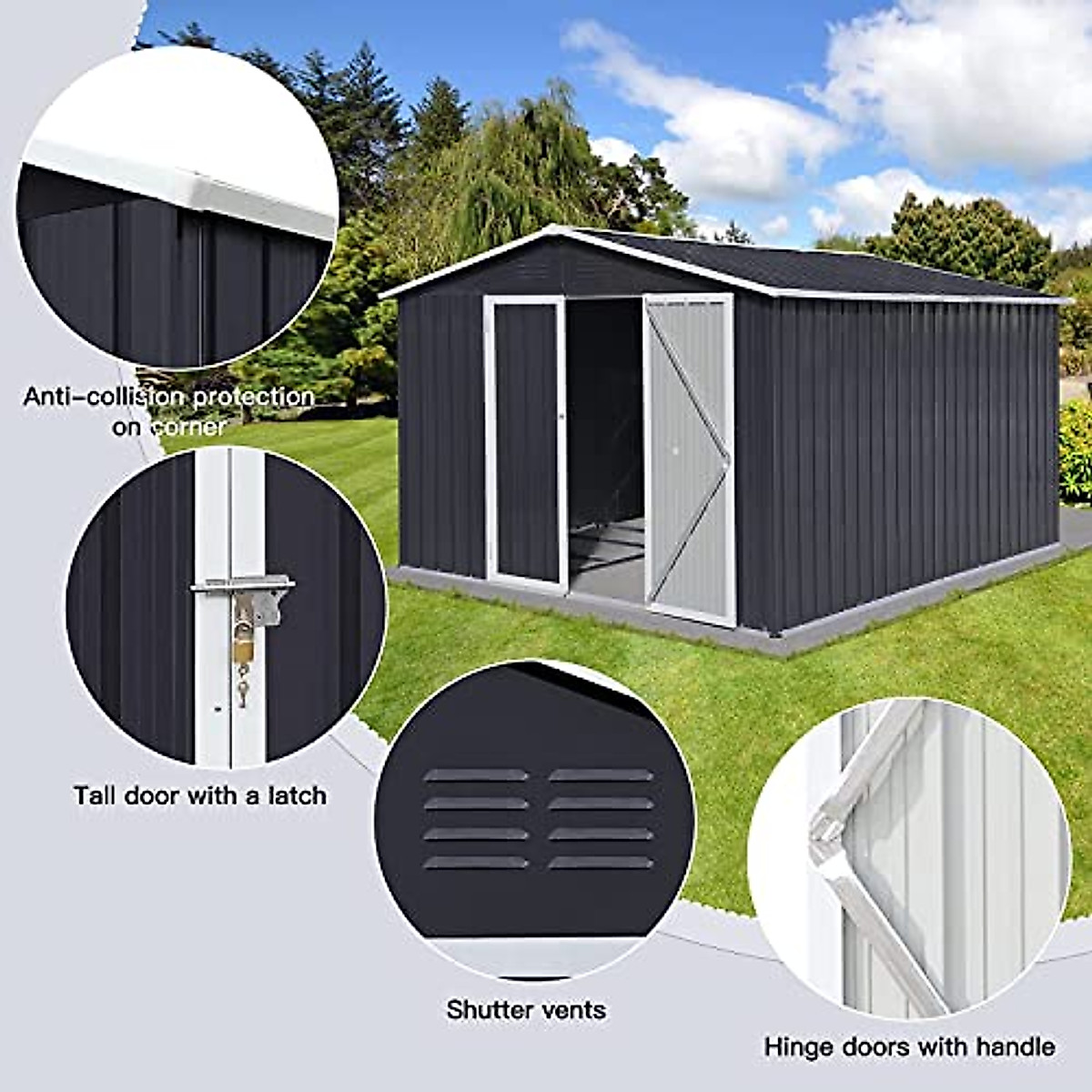 EMKK 10x8 FT Outdoor Storage Shed with Floor,Tool Garden Metal Sheds with Lockable Door,Outside Waterproof Galvanized Steel Storage House for Backyard Garden, Patio, Lawn