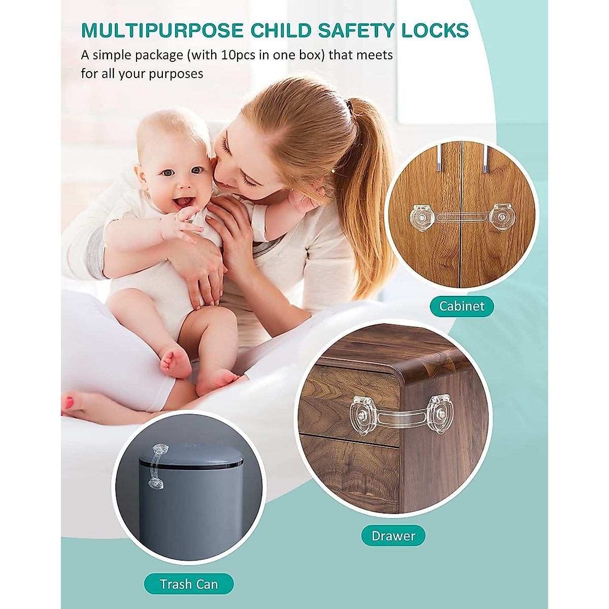 DUOSI 20 Pack Cabinet Locks for Babies, 10 Transparent Cabinet Locks + 10 White Child Safety Locks, No Screws and Magnets Fridge Refrigerators Locks Baby Proofing Lock for Kitchen Cabinets and Drawers