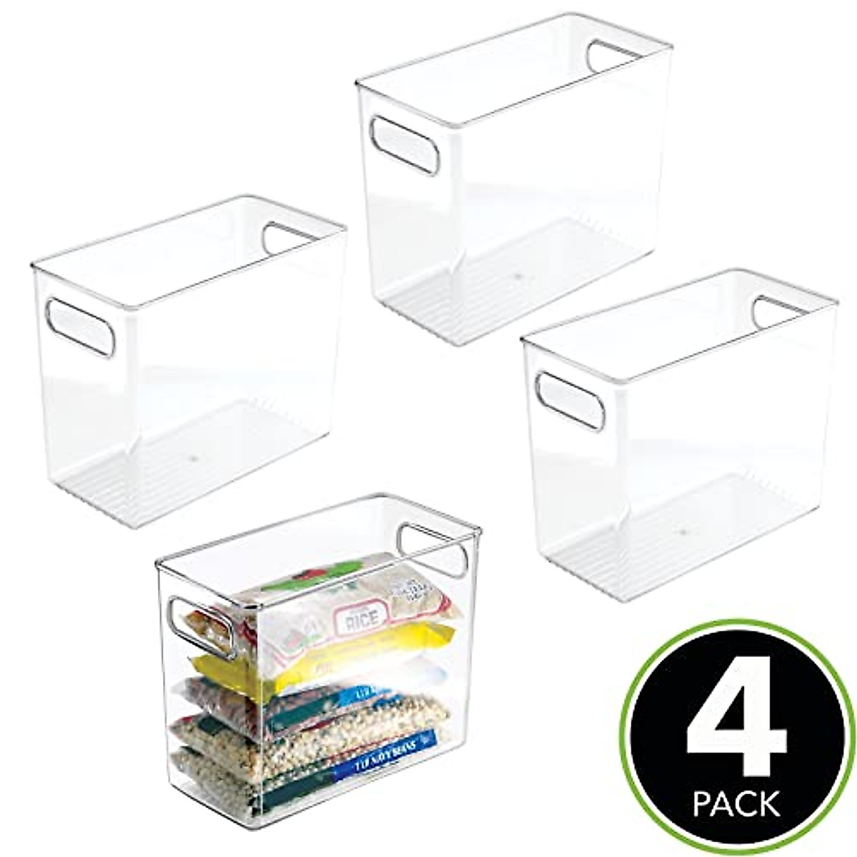 mDesign Plastic Tall Food Storage Organization Container Bin with Handles for Kitchen, Pantry, Cabinet, Fridge/Freezer, Countertop - Organizer for Snacks/Appliances, Ligne Collection, 4 Pack, Clear