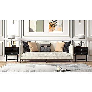 O&K FURNITURE Black Round Side Table for Living Room, Modern End Table with 2 Drawers, Metal Legs Nightstand for Bedroom, Black & Brown