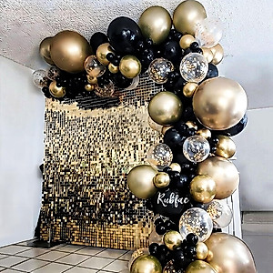 RUBFAC 65pcs 12 Inches Black Gold Balloons Kit, Black and Gold Confetti Balloons with Ribbons for Birthday, Wedding, Baby Shower, Graduation Decorations