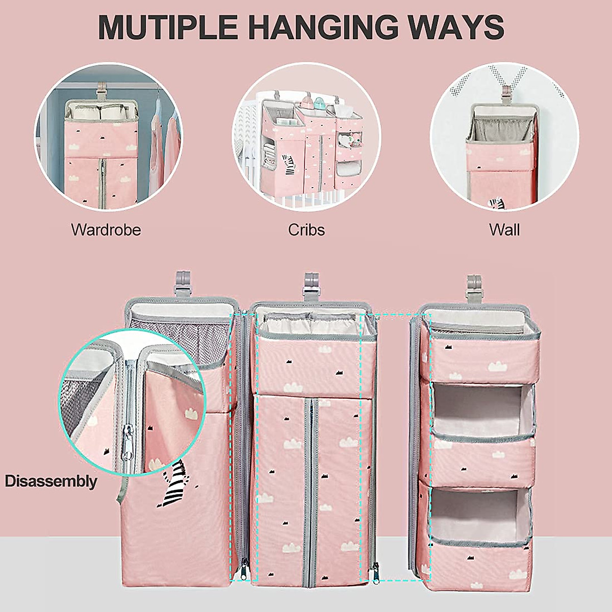 TOCKONIMN Hanging Diaper Caddy Organizer for Baby Crib - 3-in-1 Diaper Stacker for Changing Table Nursery Organization Storage Holder for Baby Essentials Attachment Portable Combining Clothing