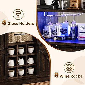 4ever2buy Farmhouse Wine Bar Cabinet with LED Light & Mirror, 47” Buffet Sideboard with 4 Glass Hooks & 9 Wine Racks, Coffee Bar Cabinet with Sliding Barn Door for Kitchen Dining Living Room, Brown