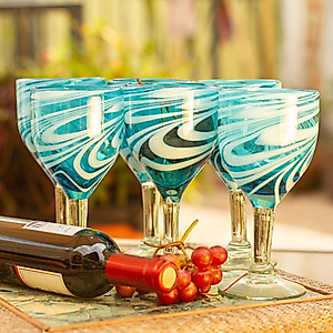 NOVICA Blue Hand Blown Glass Wine Glasses, 12 Oz, Whirling Aquamarine' (Set Of 6), Large
