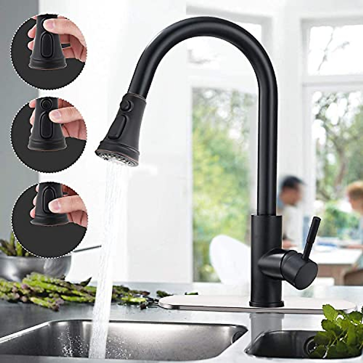 iFealClear Pull Down Spray Head 3 Modes for Kitchen Faucet, Kitchen Sink Faucet Aerator Sprayer Nozzle, Faucet Head Replacement Compatible with Moen, Delta, Kohler, 12 Adapters, Oil Rubbed Bronze