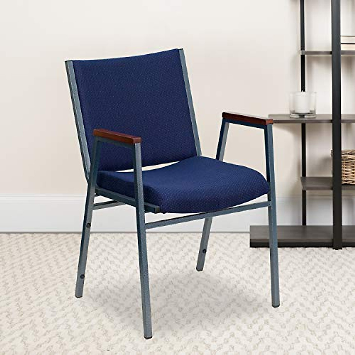 Flash Furniture HERCULES Series Heavy Duty Navy Blue Dot Fabric Stack Chair with Arms and Ganging Bracket