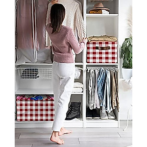 Farmhouse Buffalo Plaid Retro Red Pink White Cube Storage Organizer Bins with Handles, 15x11x9.5 Inch Collapsible Canvas Cloth Fabric Storage Basket, Books Kids' Toys Bin Boxes for Shelves, Closet