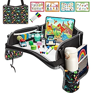Blissful Diary Kids Travel Tray for Toddler Car Seat, Car Seat Tray for Road Trip, Road Trip Essentials Car Tray with Drawing Kit, Markers Desk Organizer for Car Airplane Travel Activities (Dinosaur)
