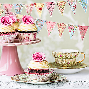 Funtery 5 Pcs Retro Bright Floral Paper Garland Chic Tea Party Garland Wildflower Garland Floral Triangle Banner for Wedding Birthday Parties Festivals Home Outdoor Hanging Decorations