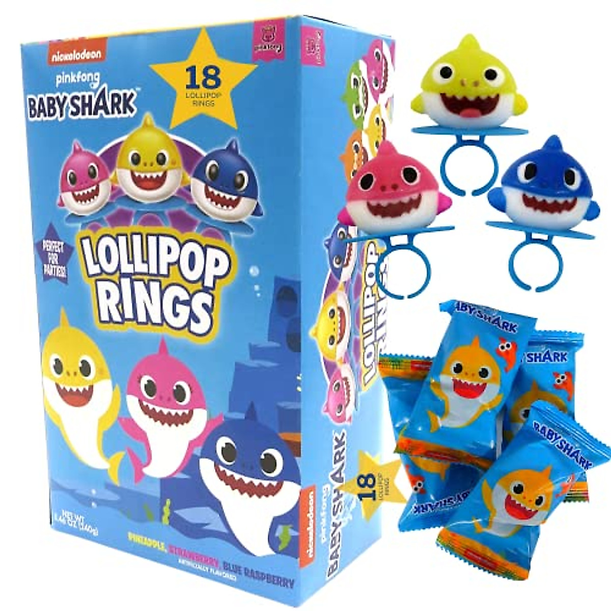 Imaginings 3 Baby Shark Lollipop Rings, Individually Wrapped Birthday Party Favors, Character Shaped Assorted Fruit Flavored Lollipops, Candy Goody Bag Fillers, 18 Rings