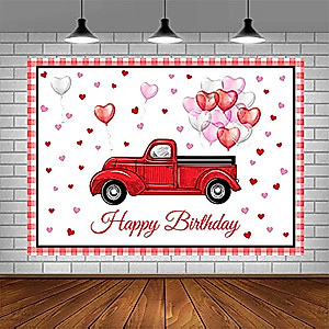 ABLIN 7x5ft Happy Birthday Backdrop for Women Red Car Heart Balloons Photography Background Birthday Party Decorations Vinyl Fabric Photo Shoot Props Cake Table Banner