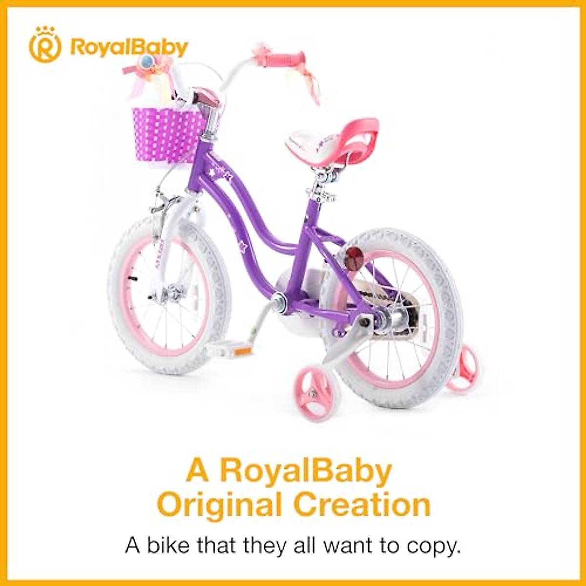 RoyalBaby Stargirl 14 Inch Kids Outdoor Bicycle with Accessory Basket, Bell, Thick Wheels, and Safety Training Wheels for Ages 3-5, Purple