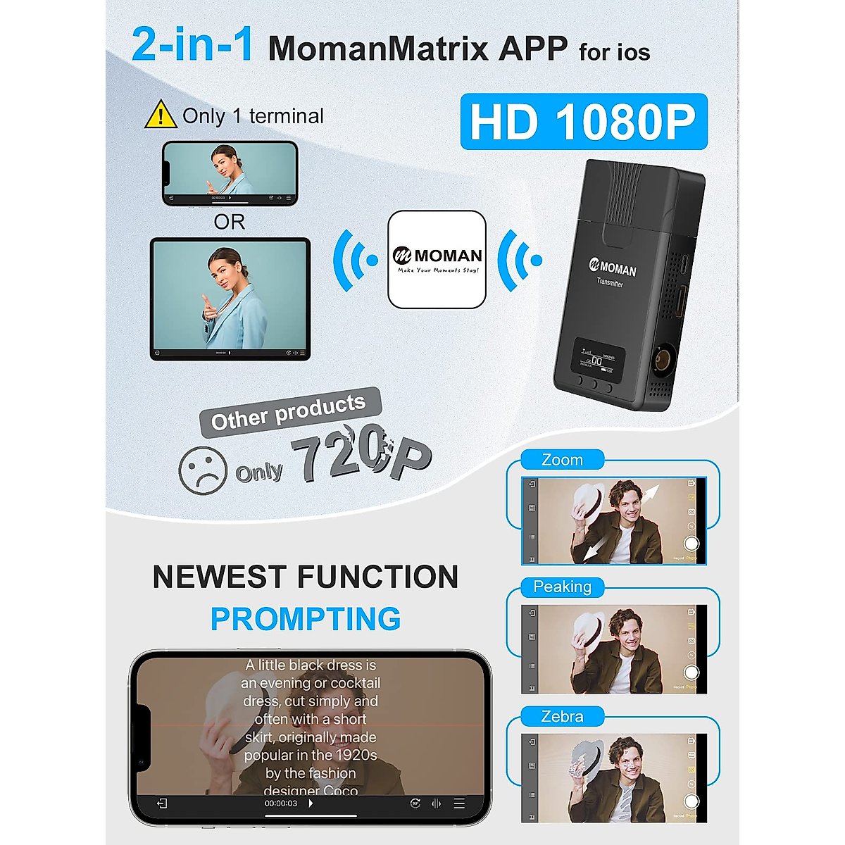 Wireless Video Transmission System, MOMAN Matrix 600S, SDI and HDMI Transmitter and Receiver for Blackmagic BMPCC Camera Atomos Ninja v with 600ft Range, Inbuilt Antennas Zero Noise, 0.08s Latency