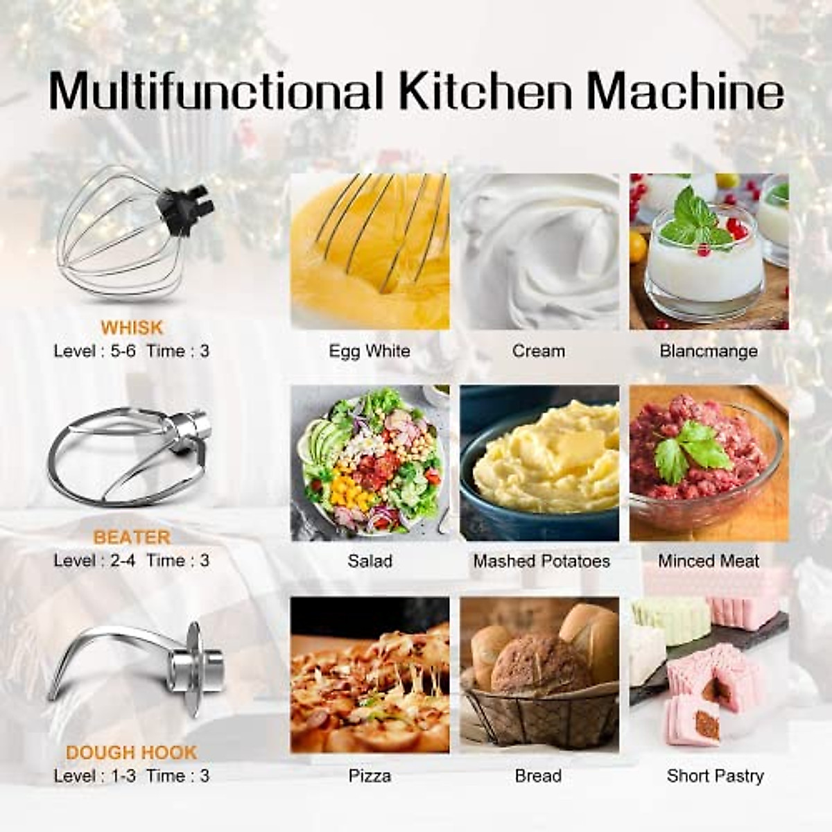 Nurxiovo Kitchen Stand Mixer, Multifunctional 3 in 1 Food Mixer Tilt-Head 850W Dough Machine with 6-1/2 Qt Stainless Steel Bowl, Hook, Whisk, Beater, Meat Blender and Juicer, White