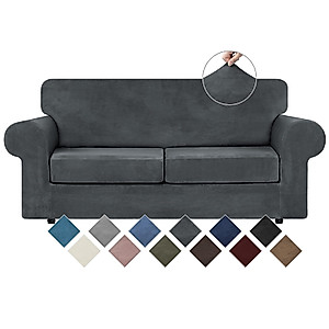 WEERRW Velvet Couch Covers for 2 Cushion Couch Sofa - High Stretch Luxury Velvet Plush 3 Pieces Sofa Slipcovers with Elastic Bottom, Furniture Protector for Pets, Machine Washable, Dark Grey, Medium