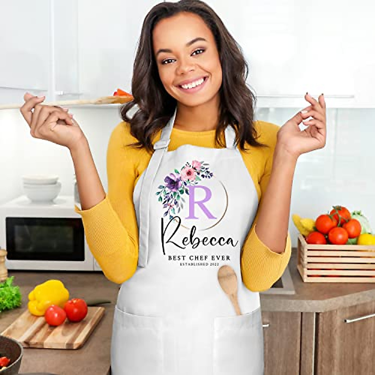 Personalized White Kitchen Apron Gifts for Women - 9 Cute Designs w/Name Text - Custom Bbq Grilling Cooking Aprons for Chef w/Pocket - Customized Floral Kitchen Apron Gift for Girl - Barbecue Apron C1