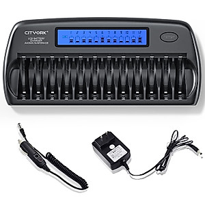 CITYORK 12 Bay LCD Smart Battery Charger for 1.2v AA AAA Ni-MH/Ni-CD Rechargeable Batteries, AA AAA Battery Charger with Refresh Function with AC Wall Adapter