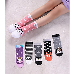 SDBING Kids Fuzzy Socks, Toddlers Non Slip Socks Boys Girls Cute Cozy Winter Warm Crew Socks with Grips 6 Pairs (8-12 Years, Cute Animal)