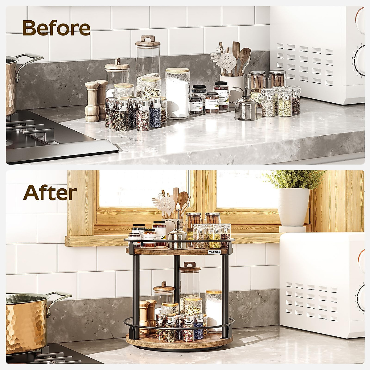YATINEY Lazy Susan Organizer, Rotating Spice Rack, 2 Tier Spice Turntable Organizer, Industrial Turntable Spice Holder, for Kitchen Countertop and Cabinet, Compact and Versatile, Rustic Brown SR22BR