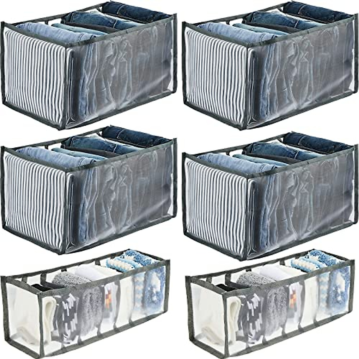 6 Pcs Drawer Organizers for Clothing Wardrobe Clothes Organizer Portable Clothing Storage Organizer Visible Grid Clothing Compartment Storage Box for Clothes, Jeans, Skirts, Trousers (7 Grids, Gray)