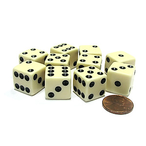 Set of 10 Six Sided Square Opaque 16mm D6 Dice - Ivory with Black Pip Die by Koplow Games
