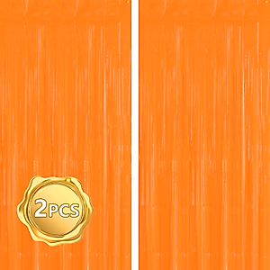 BEISHIDA 2Pcs Orange Door Streamer Fluorescent Orange Backdrop Orange Foil Fringe Curtains Tinsel for Birthday Baby Shower Halloween Backdrop Wedding Party Decoration (3.28 ft x 6.56 ft)