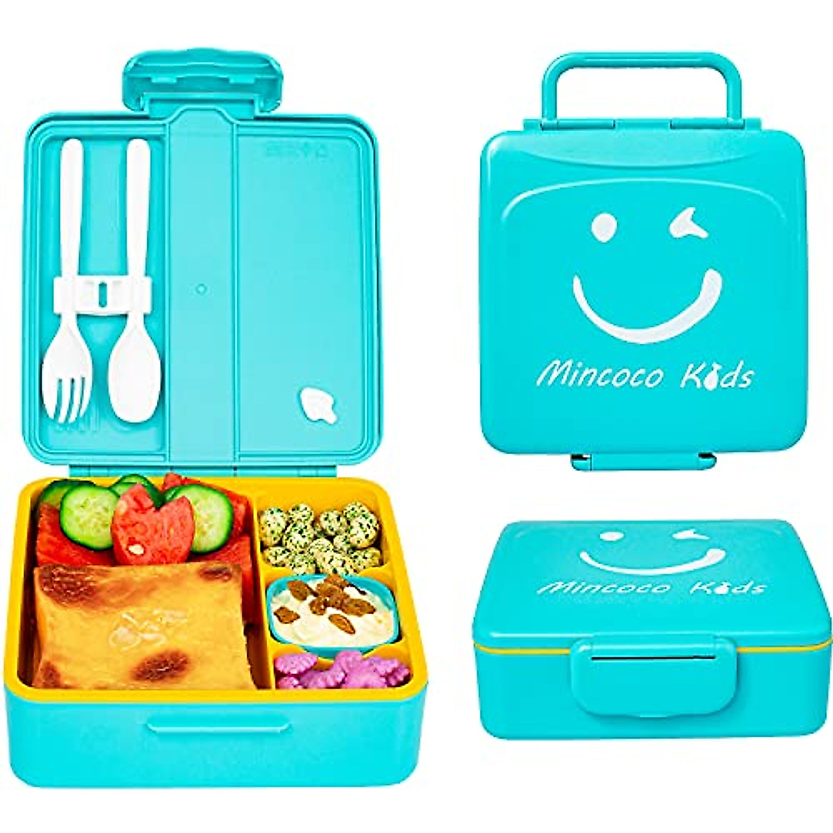 MINCOCO Kids Bento Lunch Box - Lunch Container with Sauce Jar, Spoon&Fork 4-Compartment, On-the-Go Meal and Snack Packing - Leak Proof, Durable, Microwave Safe (Sky Blue)
