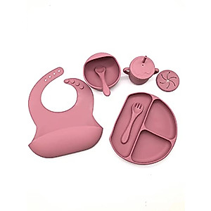 K-Universal Baby Feeding Bibs | 8pc Silicone for Babies Bib Bowl Plate Cup Fork Spoon Adjustable Divided Easily Wipe Clean Less Cleaning Time After Toddler & (Playful pink), One Size