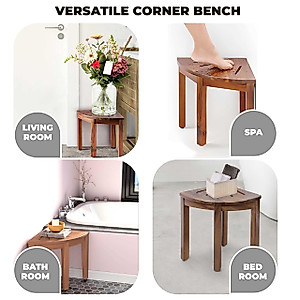 Kiuties Shower Corner Bench, Nacre Wood Shower Corner Stool with Storage Shelf, 15'' Waterproof Shower Stool, 1 Tier Bathroom Bench Seat for Relaxation (Light Brown)