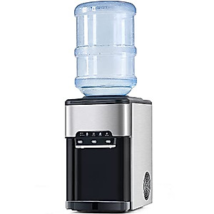 LEO11EE 3 in 1 Water Dispenser with Ice Maker Countertop, Portable Water Cooler, Quick 6 Mins Ice-Making, Hot & Cold Water and Ice, Top Loading or Bottleless, Stainless Steel